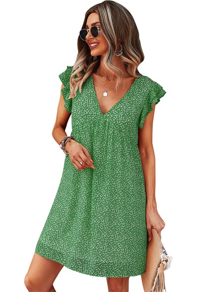 Gogoo V Yaka Rahat Yazlık Kısa Elbise-Yeşil (Yurt Dışından) Gogoo V Yaka Rahat Yazlık Kısa Elbise-Yeşil (Yurt Dışından)