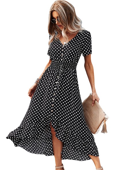 Gogoo Puantiyeli Önü Kısa Arkası Uzun Yazlık Elbise-Siyah (Yurt Dışından)