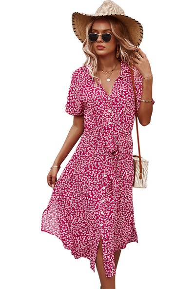 Gogoo Baskılı Salıncak Etek Yazlık Elbise-Kırmızı (Yurt Dışından)