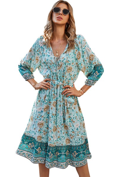 Gogoo Etekli Bohem Yazlık Elbise-Mavi (Yurt Dışından)