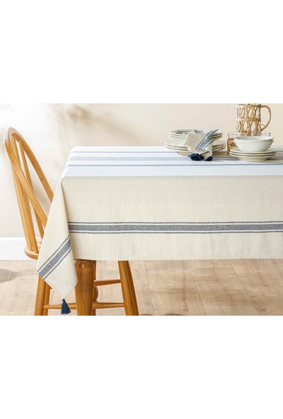 English Home Nola Pamuk Püsküllü Masa Örtüsü 150 x 200 cm. Lacivert - Krem