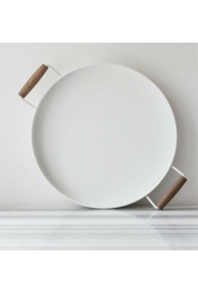 Cht Galvaniz Ahşap Kulplu Yuvarlak Tepsi Krem - 37 cm Cht Galvaniz Ahşap Kulplu Yuvarlak Tepsi Krem - 37 cm