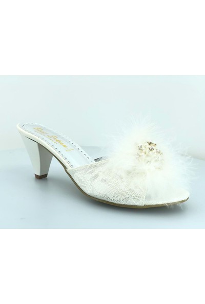 Best 7849 Tüylü Taşlı Boncuklu 5 cm Topuklu Abiye Gelin Terliği