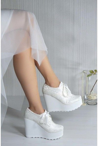 Best Saten Dantelli Yüksek Dolgu Topuk (12CM) Gelin Ayakkabısı