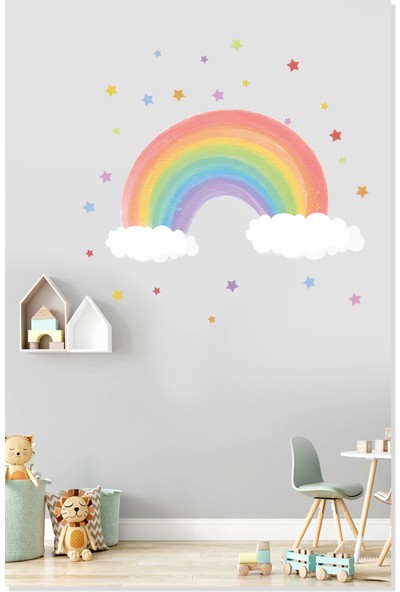 Sticker Sepetim Soft Gökkuşağı Bulutlar ve Renkli Yıldızlar Çocuk Odası Duvar Sticker