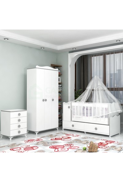 Garaj Home Pırlanta Yıldız 3 Kapaklı Bebek Odası Takımı Gri- Yatak ve Uyku Seti Kombinli - Krem Uykusetli