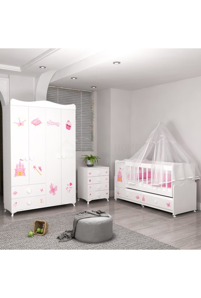 Garaj Home Pırlanta Yıldız 4lü Prenses Bebek Odası Takımı - Yatak ve Uyku Seti Kombinli - Gri Uykusetli