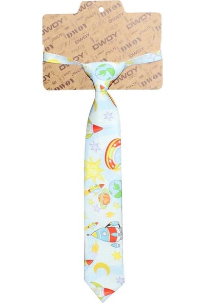 Dwoy Gezegen Desenli Çocuk Kravat Beyaz