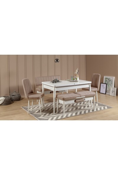 Reysa Mobilya Vina Banklı Mutfak Masa Takımı Beyaz Taş Rengi