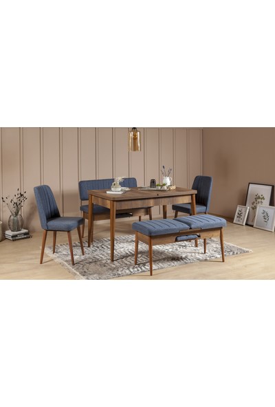 Reysa Mobilya Vina Banklı Mutfak Masa Takımı Ceviz Lacivert