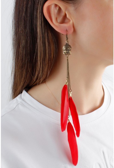 Madame Concept El Yapımı Buda Figürlü Kırmızı Tüylü Otantik Küpe