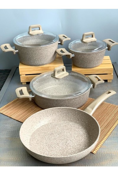 Bambum Taşev 7 Parça Granit Tencere Seti Bej