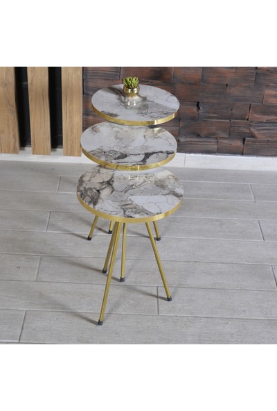 Falez Mobilya Zigon Sehpa 3'lü Gold Metal Ayak Gold Efes Beyaz