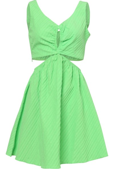 Quzu Desenli Düğmeli Askılı Elbise Yeşil