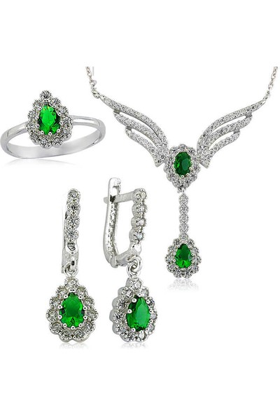 Gumush Gümüş Yeşil Taşlı Kanat Kadın Set