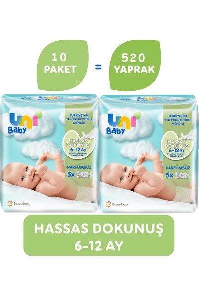 Uni Baby Hassas Dokunuş Islak Mendil 520 Yaprak 2 x 5 10'lu Uni Baby Hassas Dokunuş Islak Mendil 520 Yaprak 2 x 5 10'lu