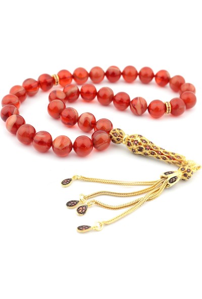 Pigado 925 Ayar Gümüş Zirkon Taşlı Kırmızı Hareli Sıkma Kehribar Tesbih