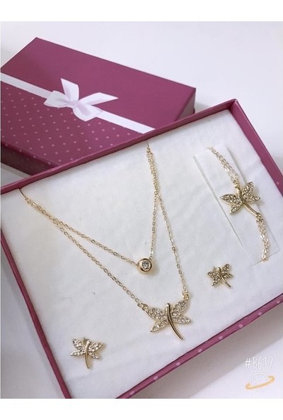 Vişneli Yusufcuk Detaylı Kadın Kolye Küpe Bileklik Seti