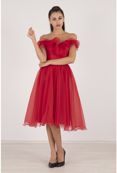 Belamore Kırmızı Yakası Volanlı Kayık Yaka Abiye&mezuniyet Elbisesi 1608314.08