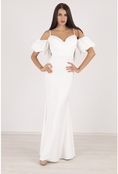 Belamore Ekru Omuzları Inci Detaylı Kruvaze Yaka Abiye&mezuniyet Elbisesi 7604245.147