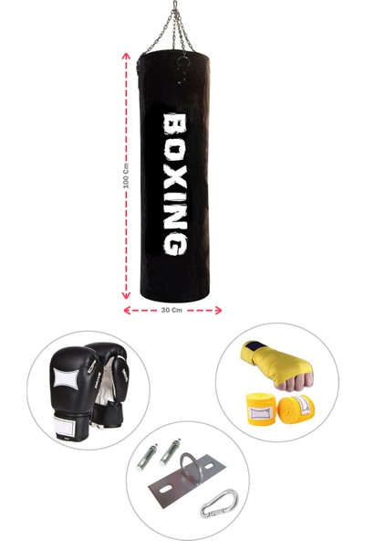 Spor Byfit 100 cm x 30 cm Siyah Boks Torbası + Boks Eldiveni + Boks Bandajı + Askı Aparatı - 4' Lü Set - Dolu