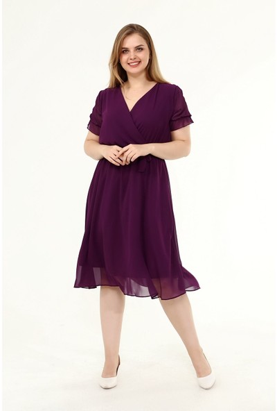 Modayız Kruvaze Yaka Büyük Beden Şifon Elbise 22B-1819