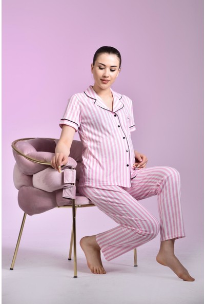 Likapa Penye Önden Düğmeli Hamile Lohusa Kısa Kol Pijama Takımı