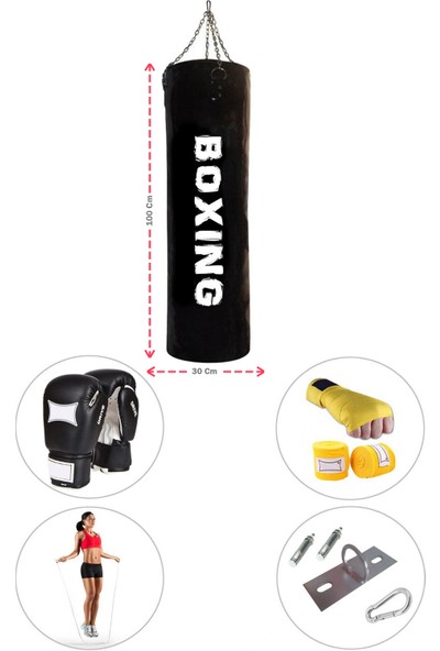 Spor Byfit 100 cm x 30 cm Siyah Boks Torbası + Eldiven + Bandaj + Atlama Ipi + Askı Aparatı - 5' Li Set - Dolu Spor Byfit 100 cm x 30 cm Siyah Boks Torbası + Eldiven + Bandaj + Atlama Ipi + Askı Aparatı - 5' Li Set - Dolu