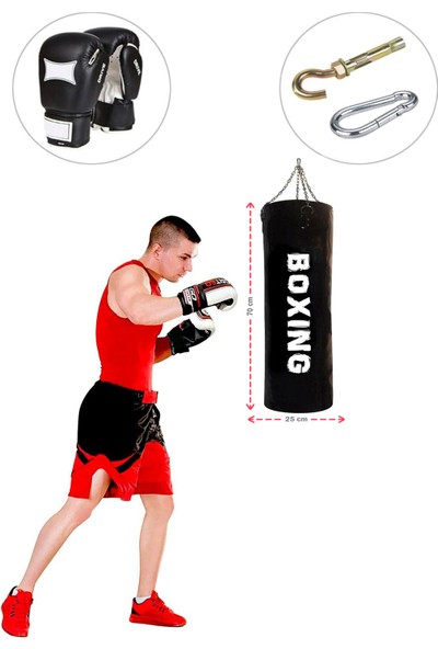 Spor Byfit 70 cm x 25 cm Siyah Boks Torbası + Boks Eldiveni + Tavan Kancası - 3' Lü Set - Dolu Spor Byfit 70 cm x 25 cm Siyah Boks Torbası + Boks Eldiveni + Tavan Kancası - 3' Lü Set - Dolu