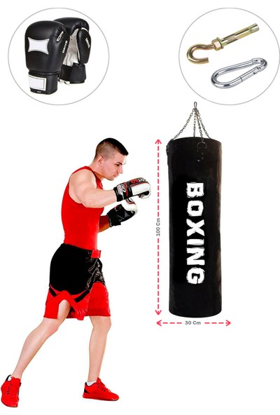 Spor Byfit 100 cm x 30 cm Siyah Boks Torbası + Boks Eldiveni + Tavan Kancası - 3' Lü Set - Dolu Spor Byfit 100 cm x 30 cm Siyah Boks Torbası + Boks Eldiveni + Tavan Kancası - 3' Lü Set - Dolu