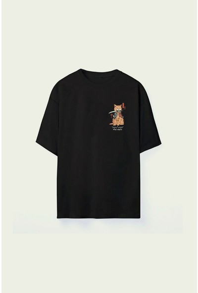 Erkek Samuray Cat Baskılı Siyah Oversize Tshirt