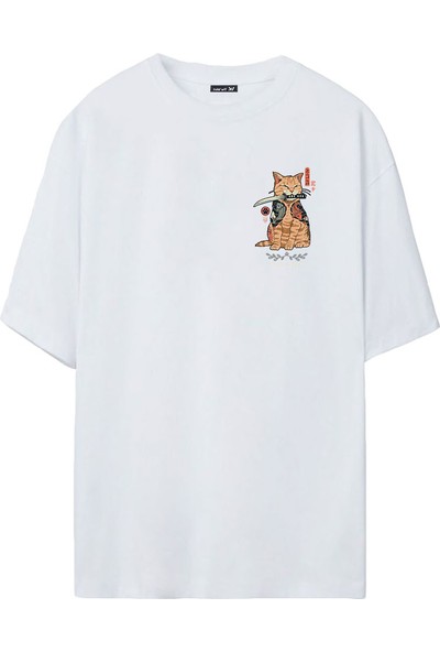 Erkek Samuray Cat Baskılı Beyaz Oversize Tshirt Erkek Samuray Cat Baskılı Beyaz Oversize Tshirt