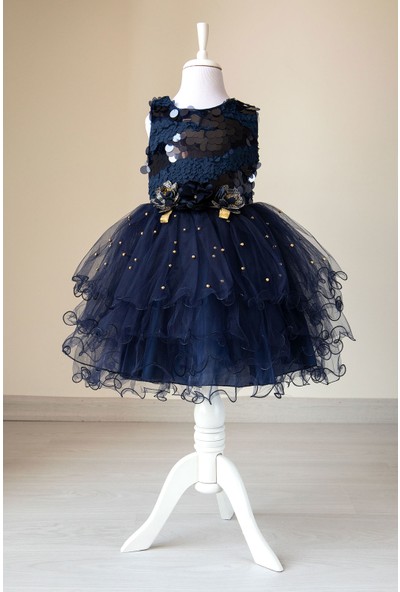 Lacivert Altın Boncuklu Kabarık Tüllü Kız Çocuk Abiye Elbise