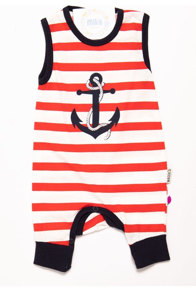 Kırmızı Beyaz Çizgili Denizci Desen Erkek Bebek Yazlık Sıfır Kol Tulum