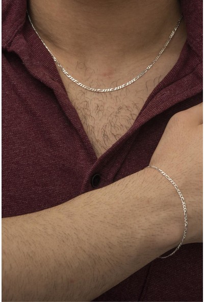 inDubaiSilver 925 Ayar Gümüş Erkek Figaro Zincir Kolye Bileklik Set DBSE-SLVR0001