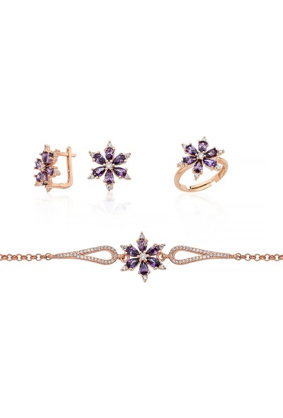 Gümüş Pazarım Ametist Taşlı Aster Çiçeği Gümüş Set Gümüş Pazarım Ametist Taşlı Aster Çiçeği Gümüş Set