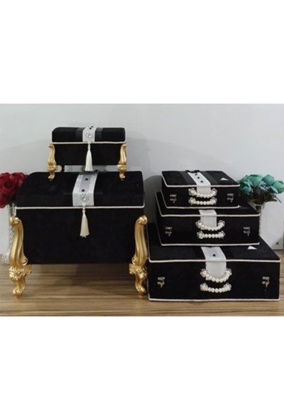 Çeyiz Diyarı Damat Figürlü 5'li Çeyiz Sandık Çanta Takımı Siyah