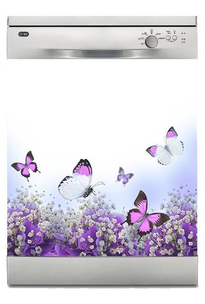 Sticker Art Bulaşık Makinesi Sticker Kaplama Beyaz Eşya Kaplama Mor Kelebek Çiçek