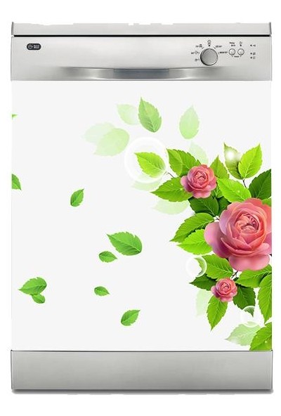 Sticker Art Bulaşık Makinesi Sticker Kaplama Beyaz Eşya Kaplama Yeşil Yaprak Gül