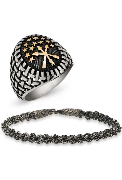 Gumush Gümüş Yüzük ve Kazaziye Bileklik Erkek Takı Kombin