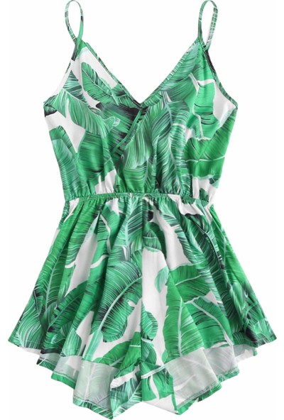 Shein V Yaka Tropikal Desenli Askılı Kadın Kısa Tulum (Yurt Dışından)