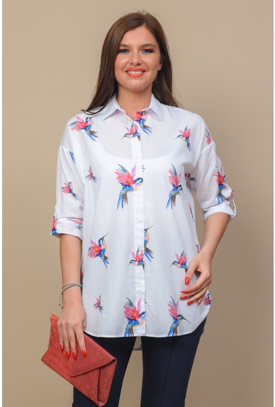 Tusse Kuş Desenli Pamuklu Kadın Büyük Beden Gömlek