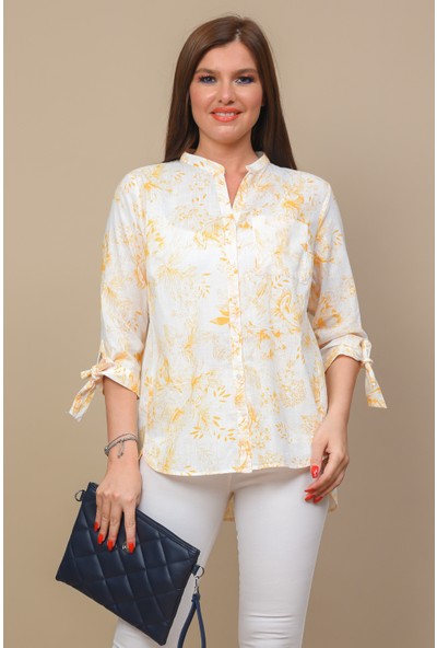 Tusse Çiçek Desenli Kolları Bağcıklı Pamuklu Büyük Beden Gömlek