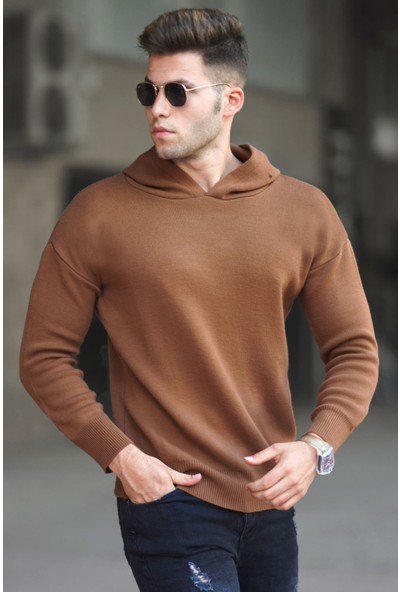 Madmext Kapüşonlu Kahverengi Triko Kazak 5293