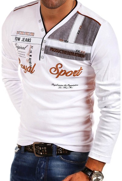 Runningman Erkek V Yaka Baskılı Uzun Kollu Tişört-Beyaz