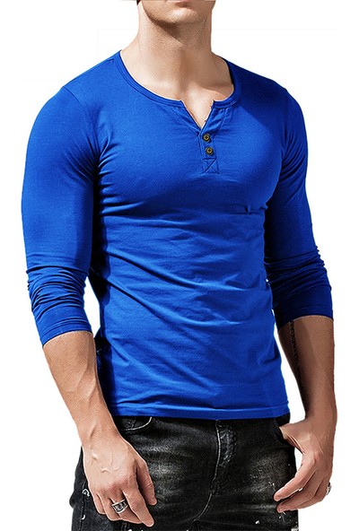 Runningman Erkek Rahat Kesim Polo Yaka Uzun Kollu Tişört-Mavi