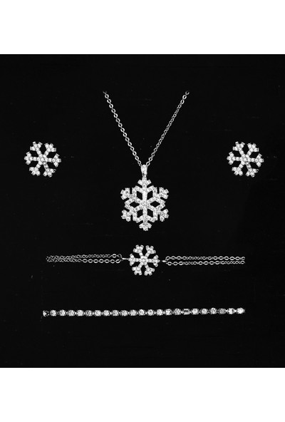 Apollon Gift Gümüş Kaplama Kar Tanesi Kolye & 2'li Küpe & 2'li Bileklik Seti