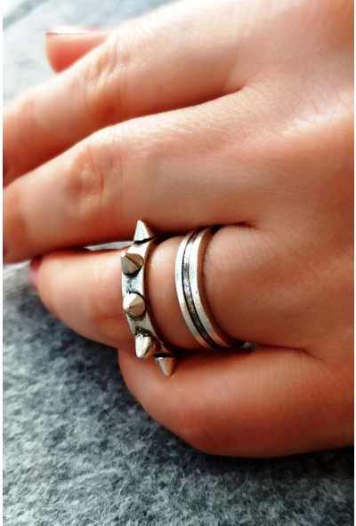 Fildişi Aksesuar Antik Gümüş Kaplama Çivili Şekilli El Yapımı Ayarlanabilir Yüzük