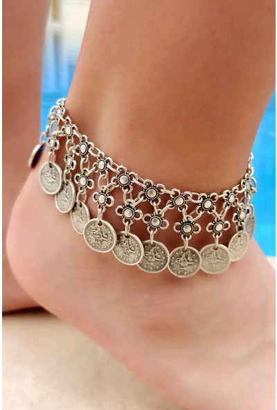 Fildişi Aksesuar Antik Gümüş Kaplama Çift Sıra Boncuk & Tuğra Şekilli El Yapımı Kadın Halhal