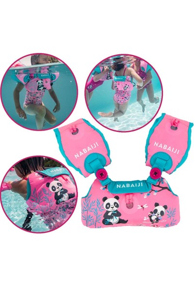 Nabaiji Çocuk Yüzme Yeleği Kolluk Kemer Panda Baskılı Pembe 15-30 kg